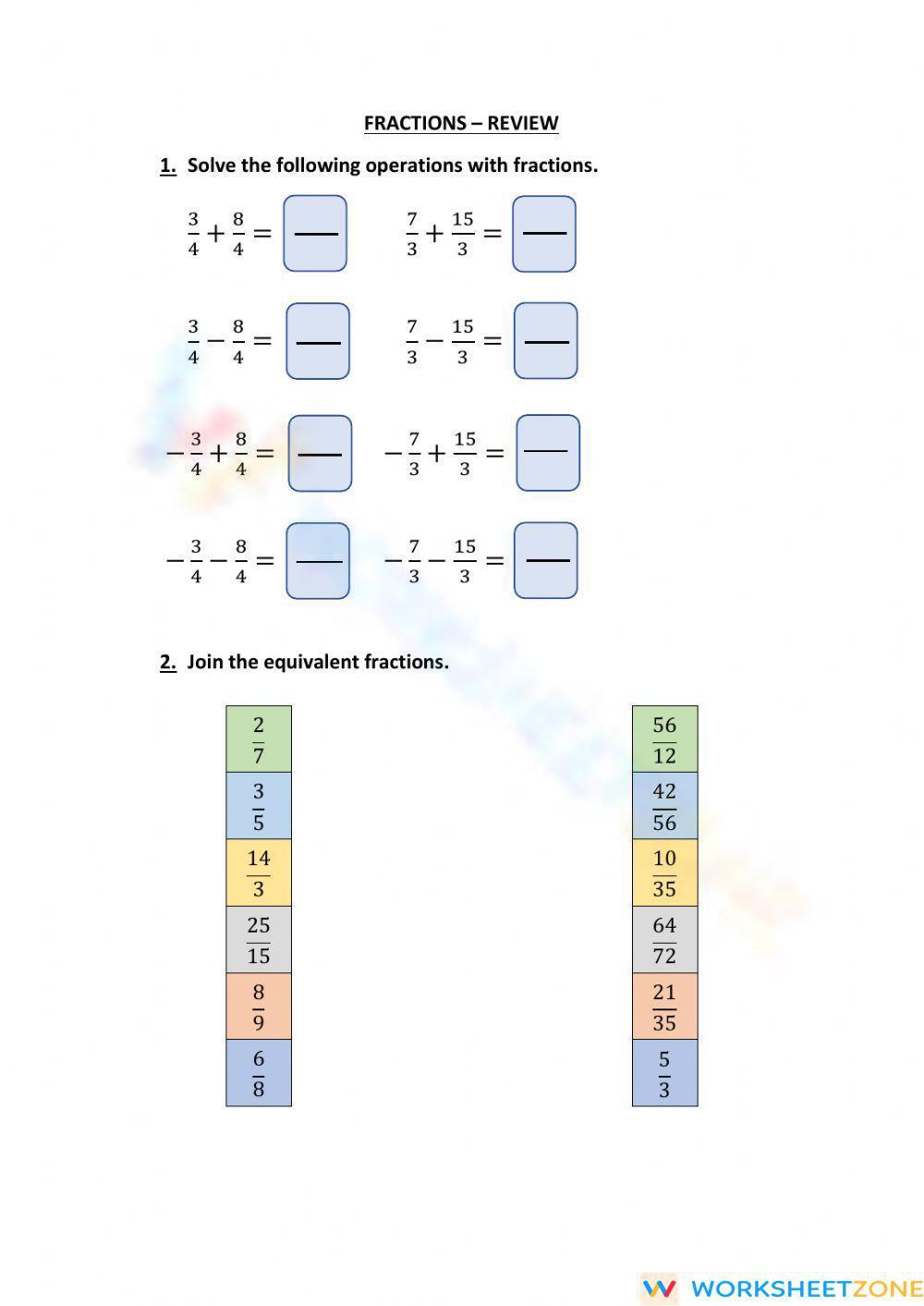 Adding and subtracting fractions. Equivalent fractions | Worksheet Zone