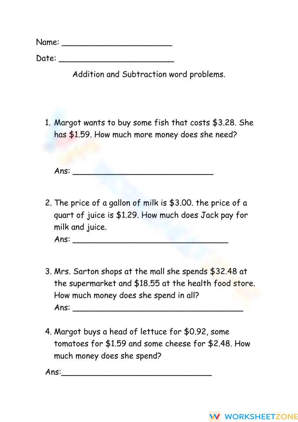 Addition And Subtraction Word Problems Worksheet