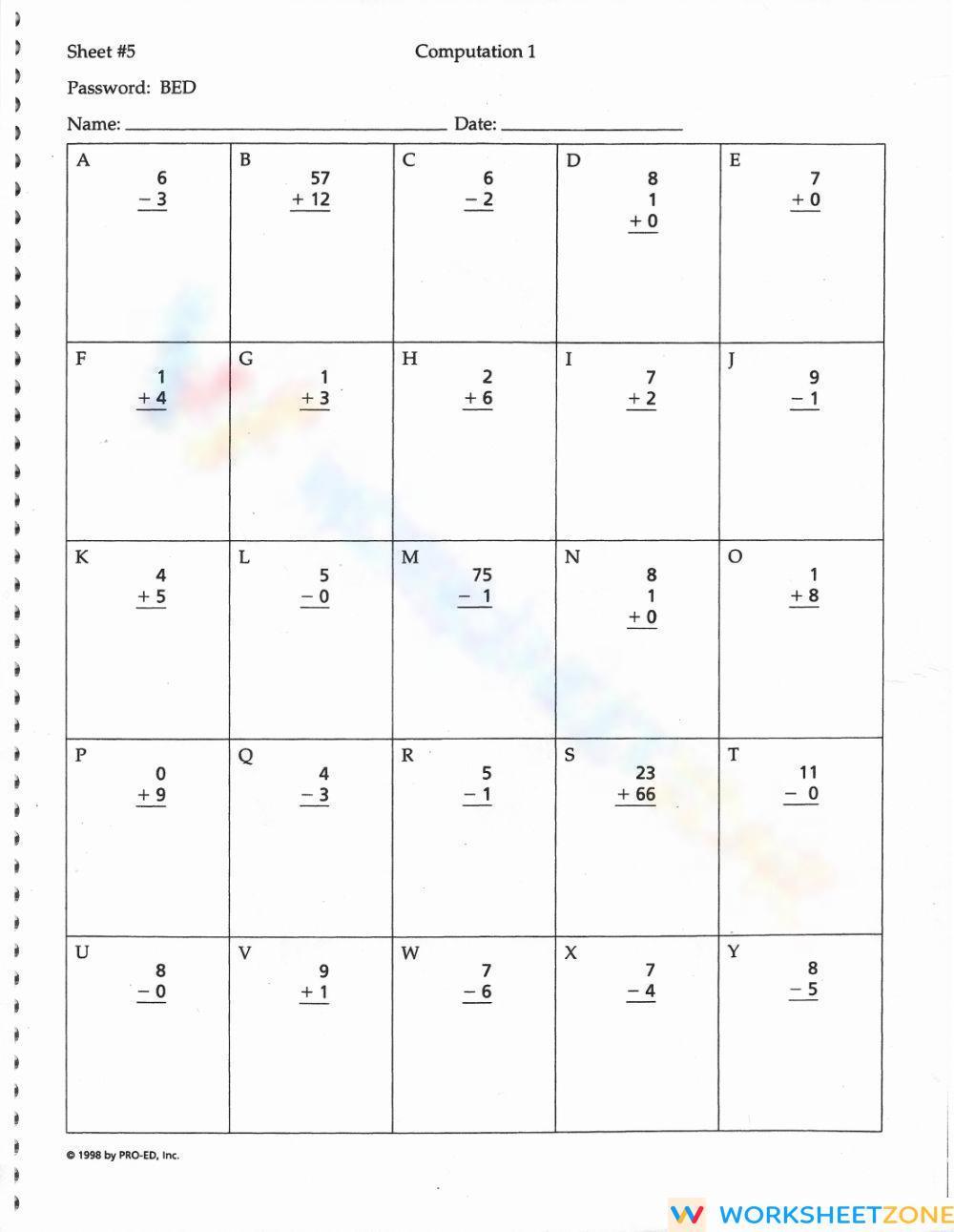Math Computation 1 (BED) Worksheet