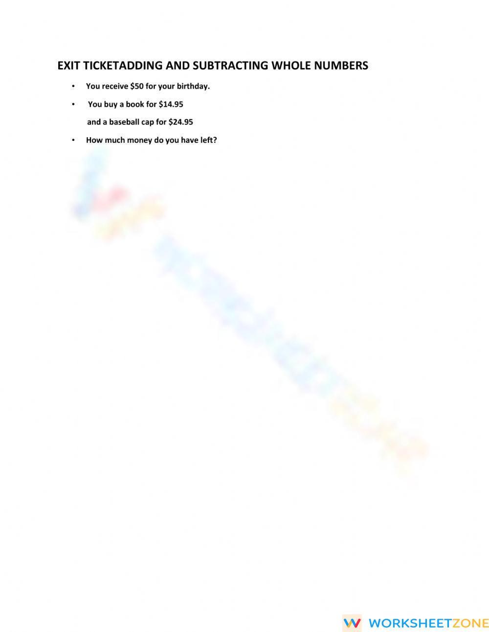 Exit Ticket Ading And Subtracting Whole Numbers Worksheet