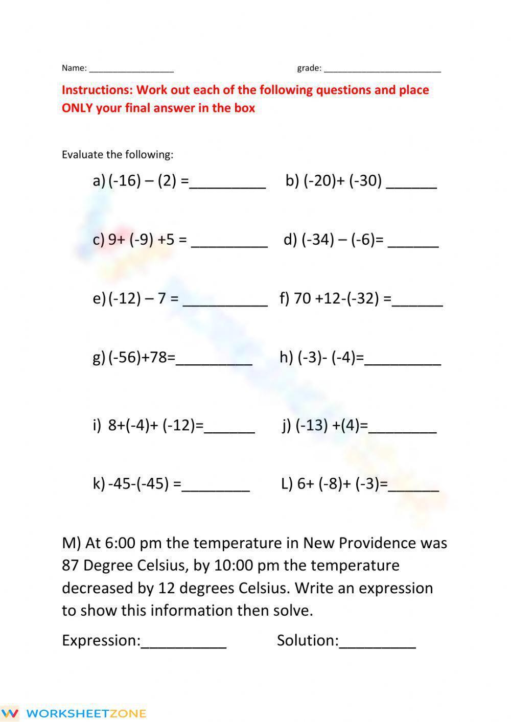 Integer Worksheet