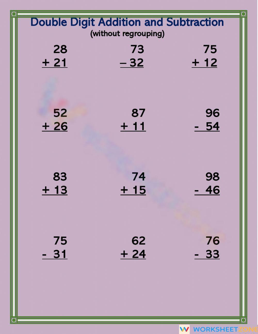 Double Digit Addition And Subtraction Set 4 Without Regrouping Worksheet