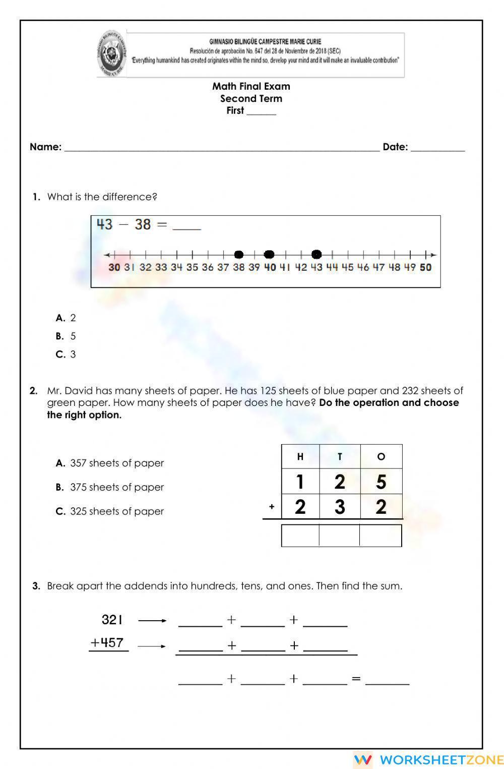 Math Final Exam 2nd Term. Worksheet