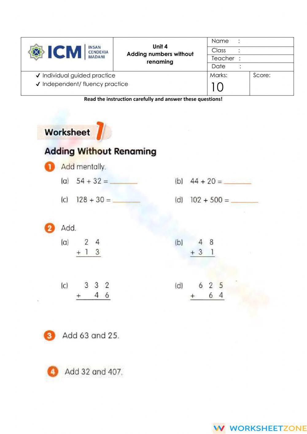 Unit 4 Adding Without Renaming Worksheet 3609
