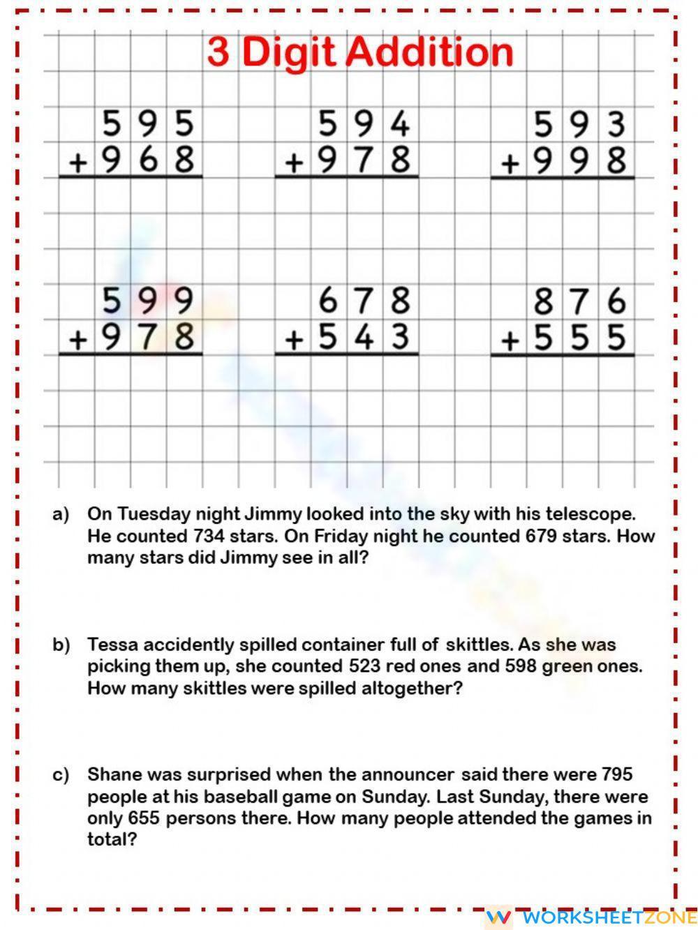 3 Digit Addition With Regrouping Worksheet