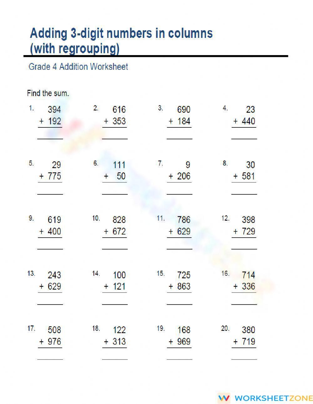 Add 3 Digits With Regrouping Worksheet