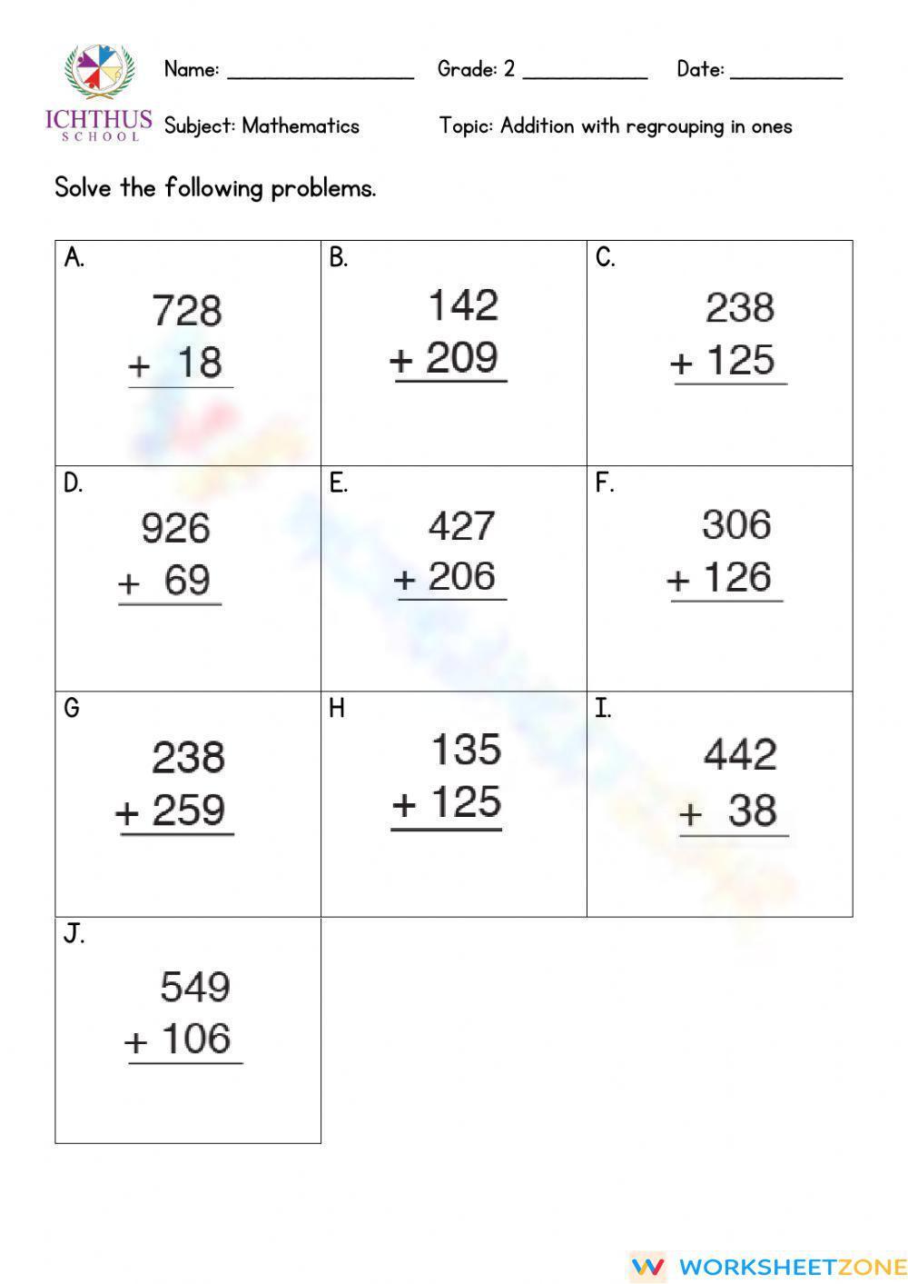 3-digit Addition With Regrouping In Ones Worksheet