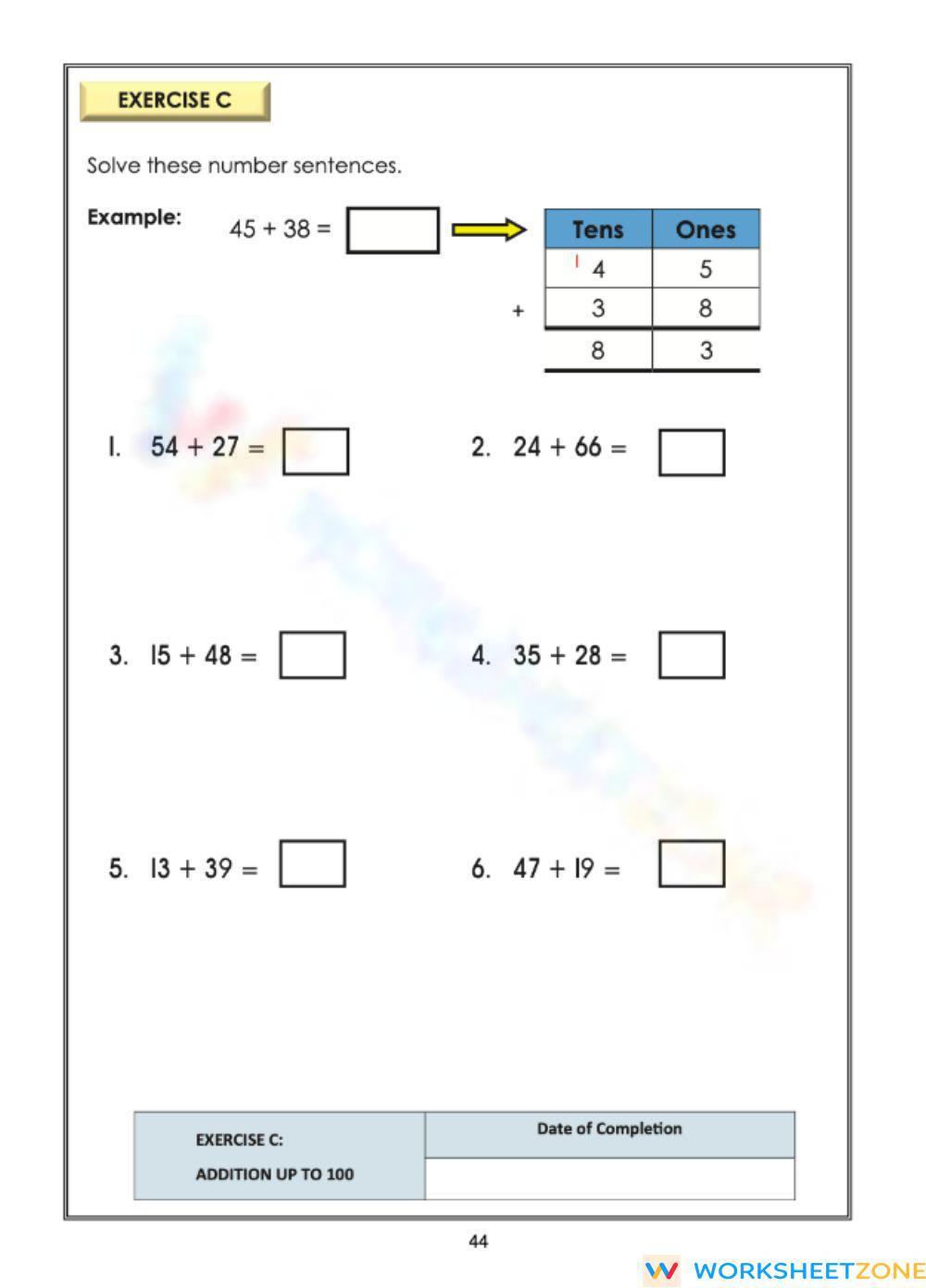 Addition Within 100 With Regrouping Worksheet