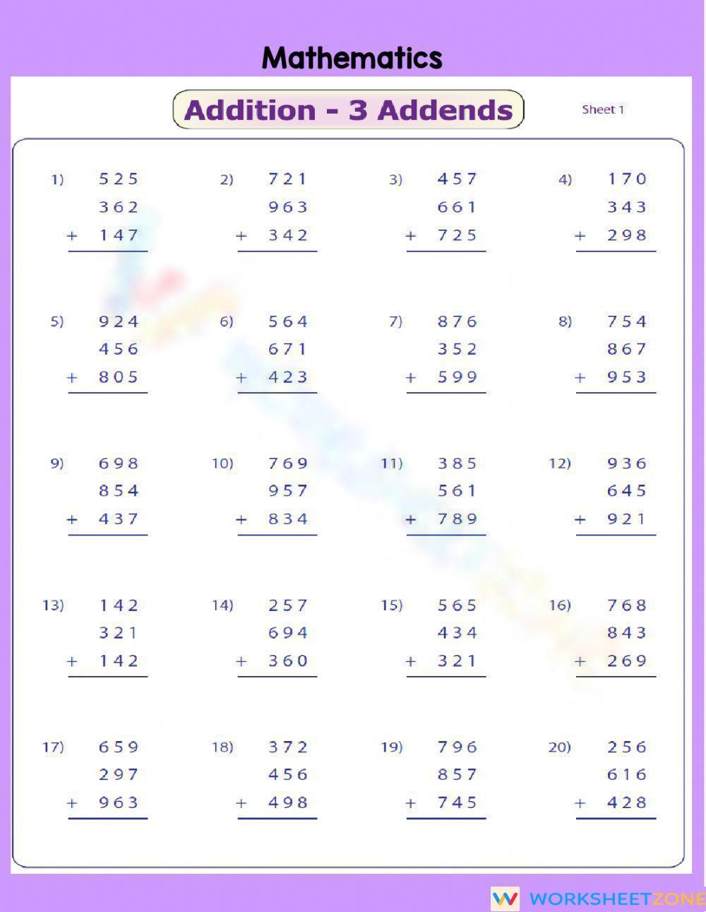 Column Addition 3 Addends Worksheet Column Addition 3 Addends Worksheet