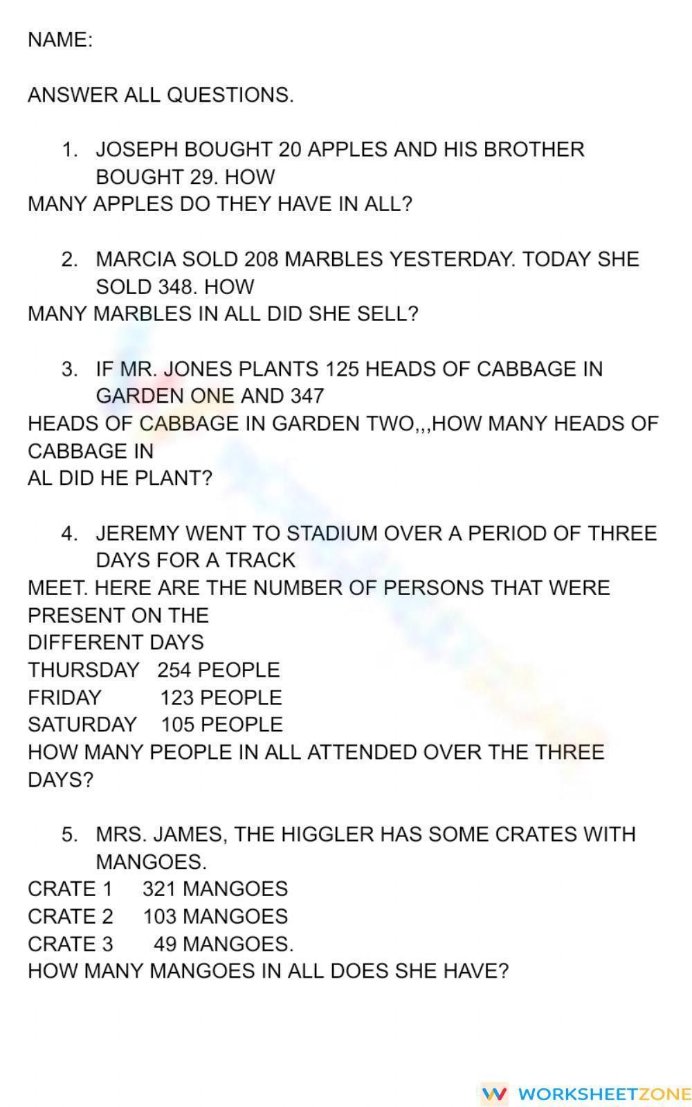 Addition With Regrouping Worded Problems Worksheet