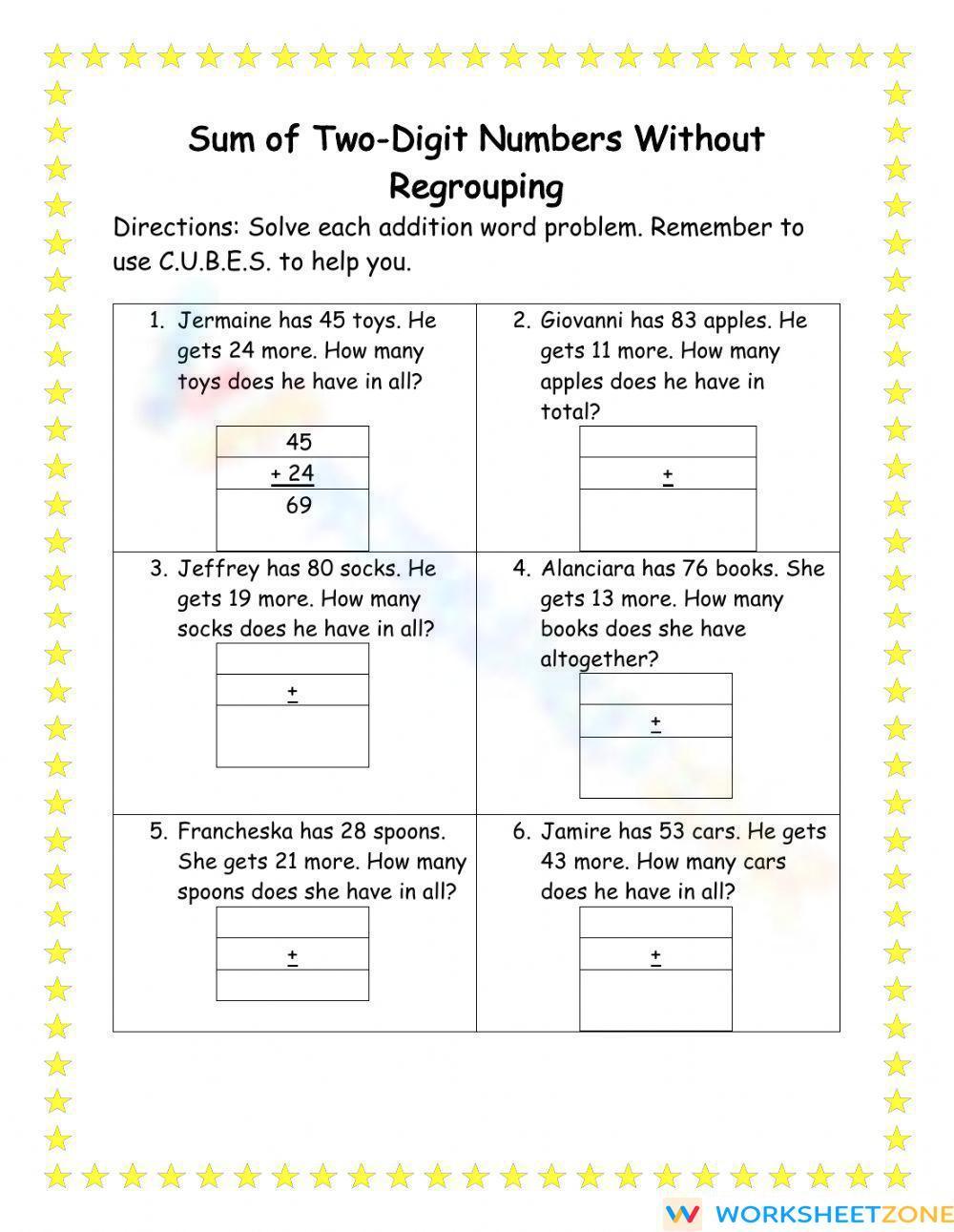 Sum Of Two-Digit Numbers Without Regrouping Worksheet