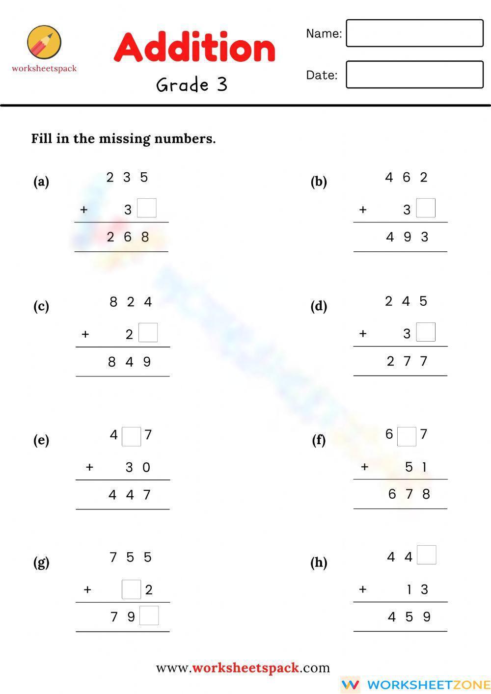 Addition Fill In The Missing Numbers Worksheet