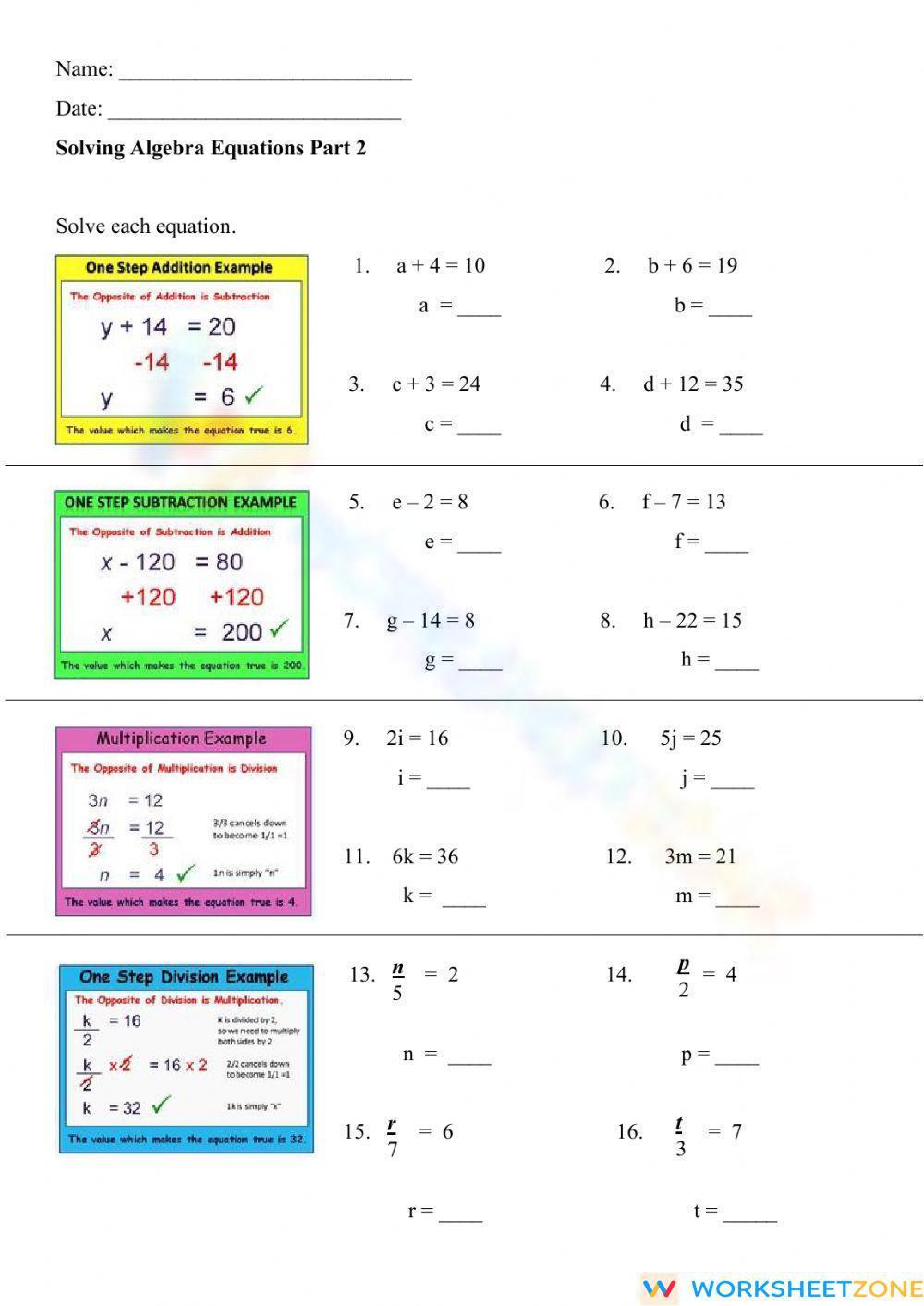 Solving One Step Equations Worksheet
