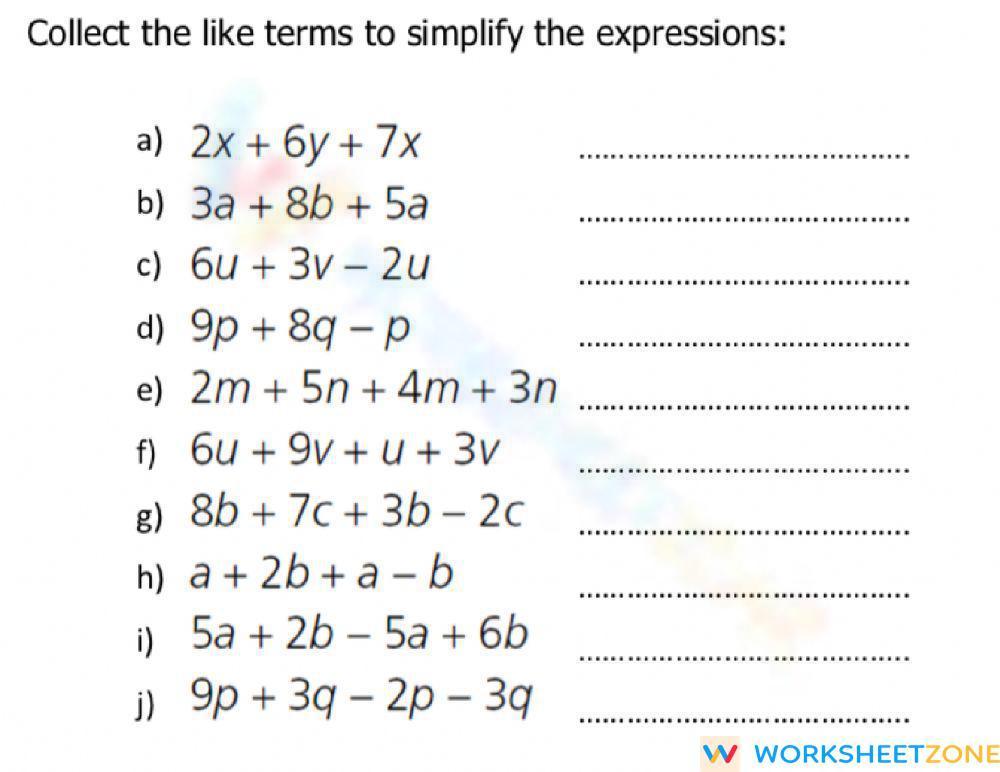 Simplify Algebraic Expressions By Collecting Like Terms Worksheet Simplify Algebraic Expressions By Collecting Like Terms Worksheet