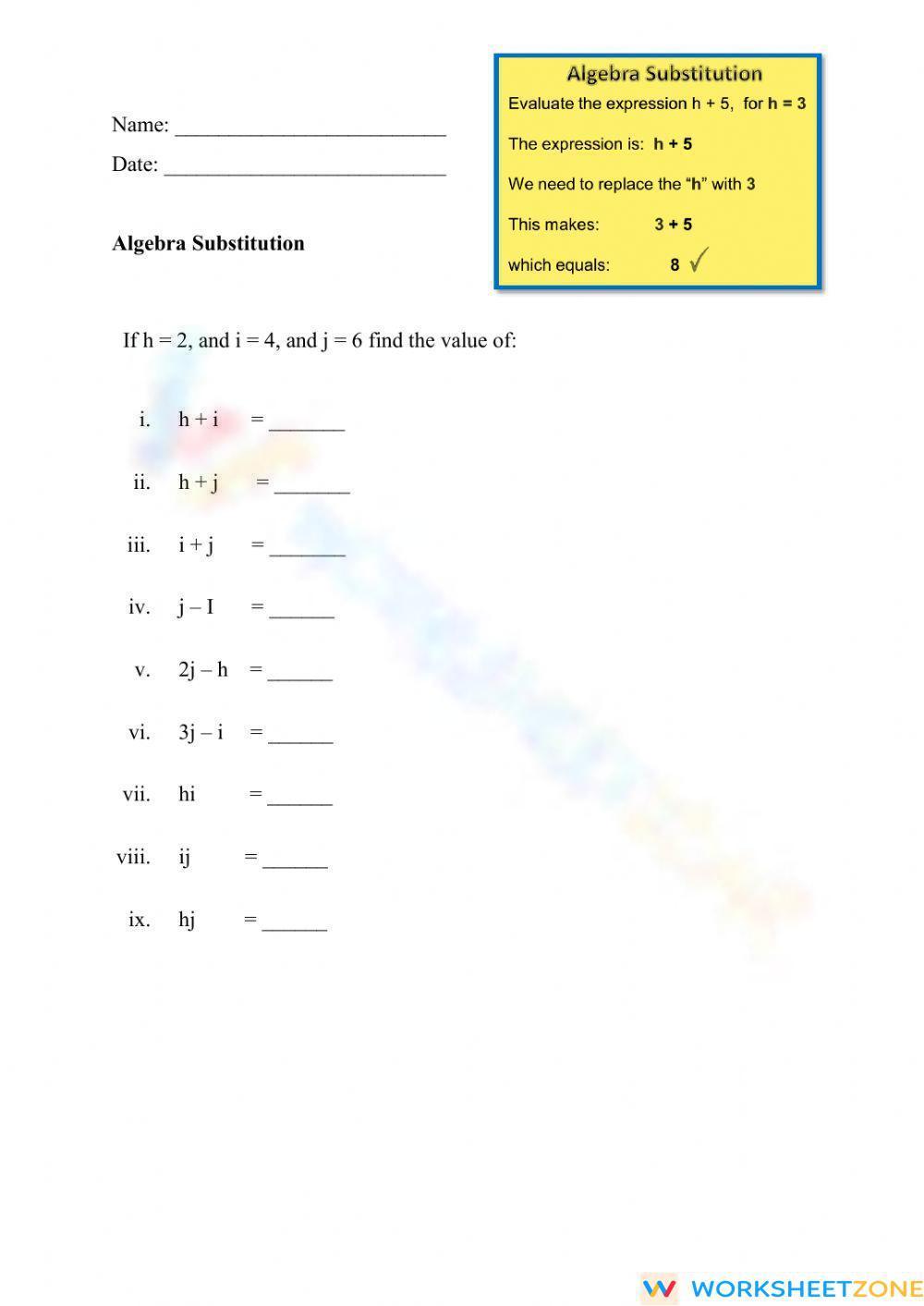 Algebra Substitution Worksheet