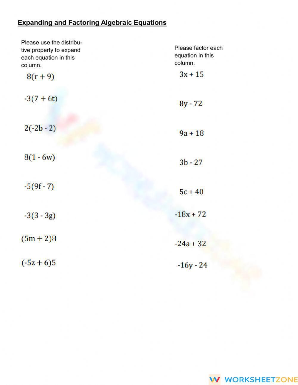 Expanding And Factoring Algebraic Equations Worksheet Expanding And Factoring Algebraic Equations Worksheet
