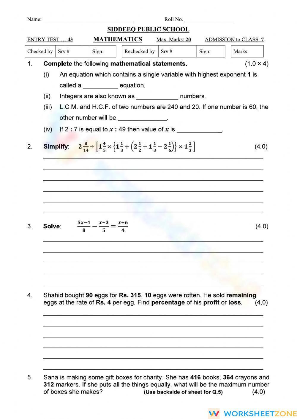 Admission Test Worksheet
