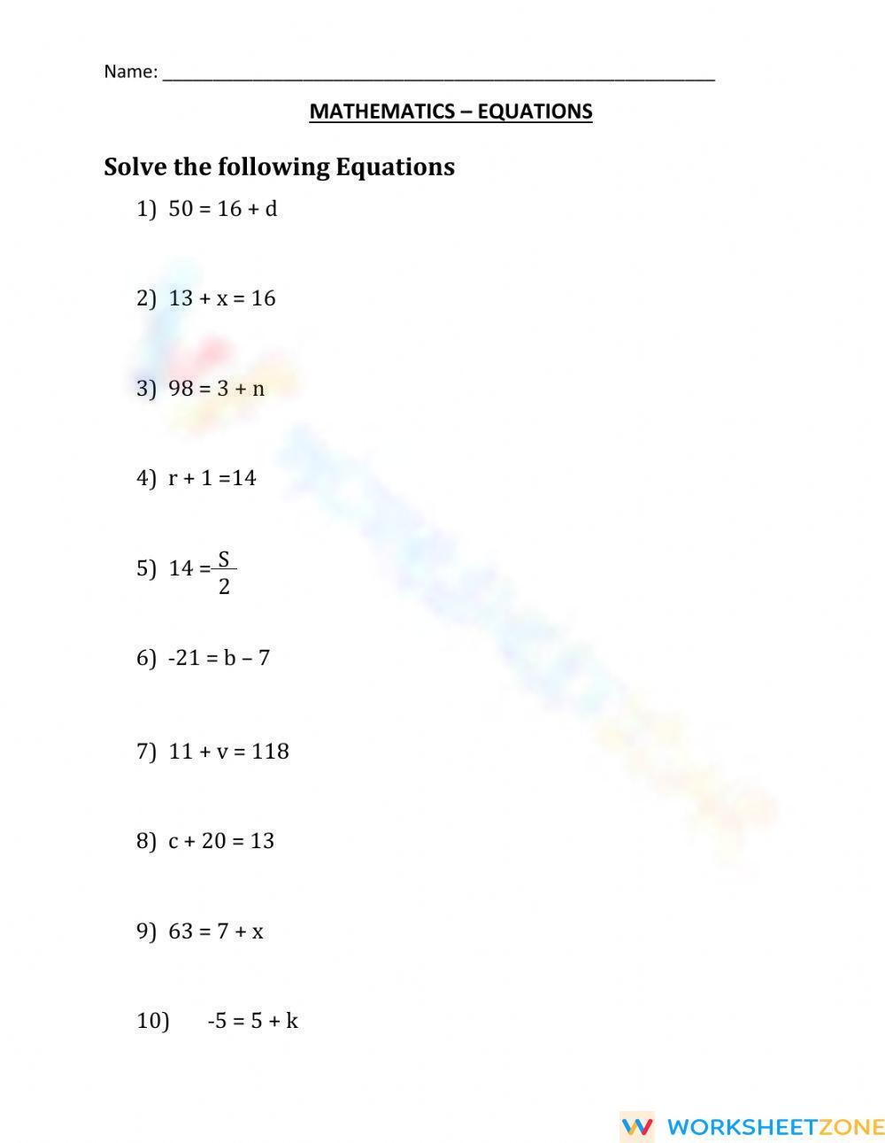 Equations Worksheet