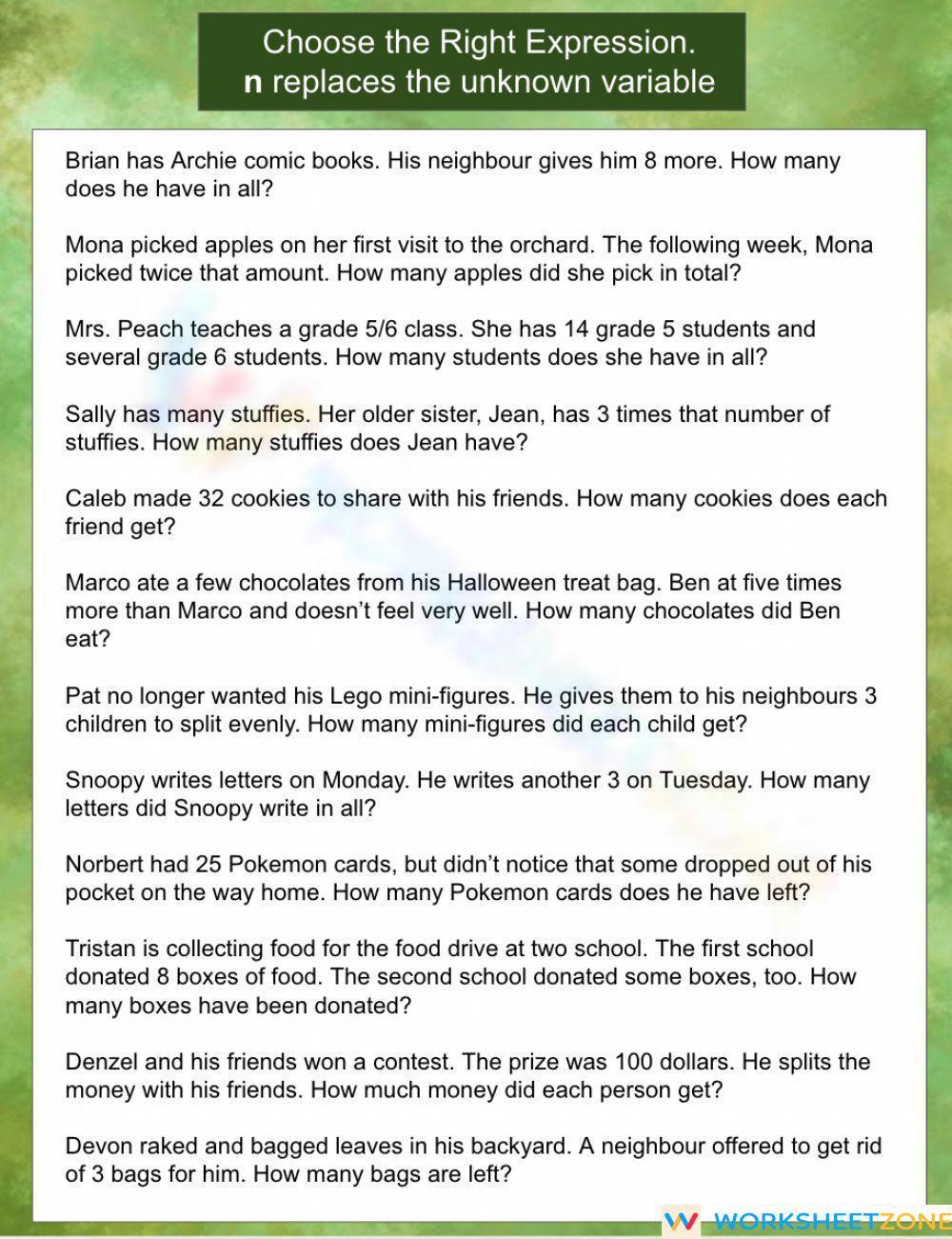 Choose Expression For Missing Variable In Problems Worksheet