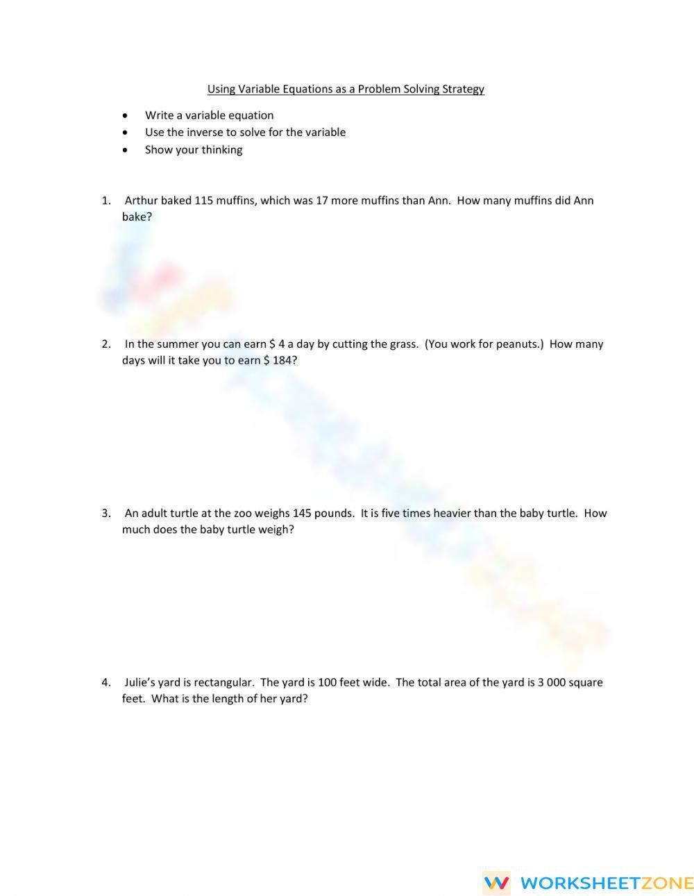 Using Variable Equations As A Problem Solving Strategy Worksheet