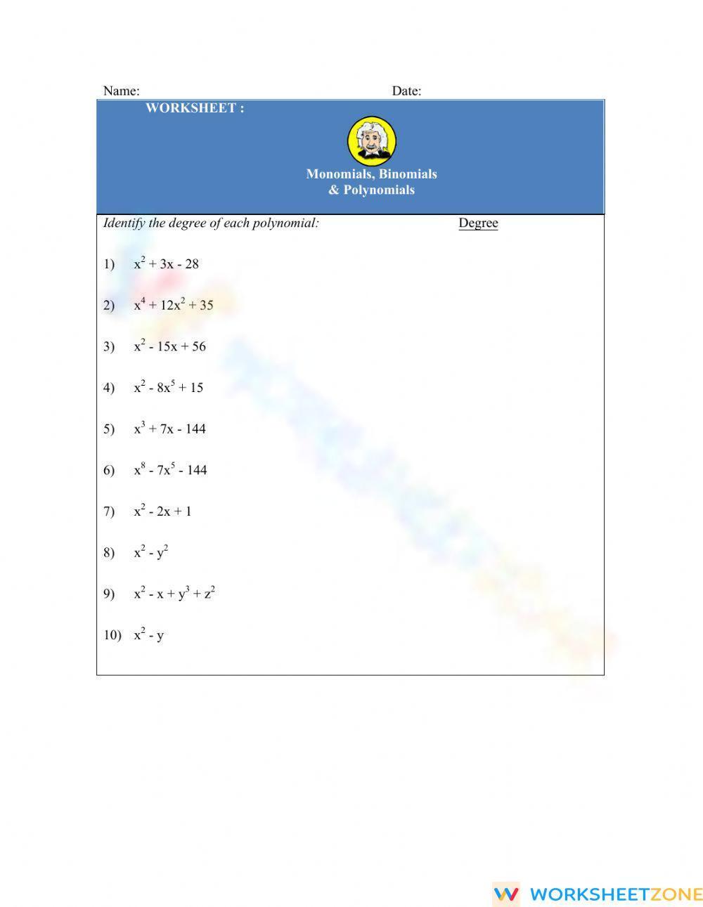 Polynomials Worksheet