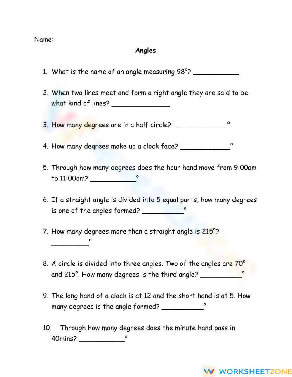 Angles Worksheet
