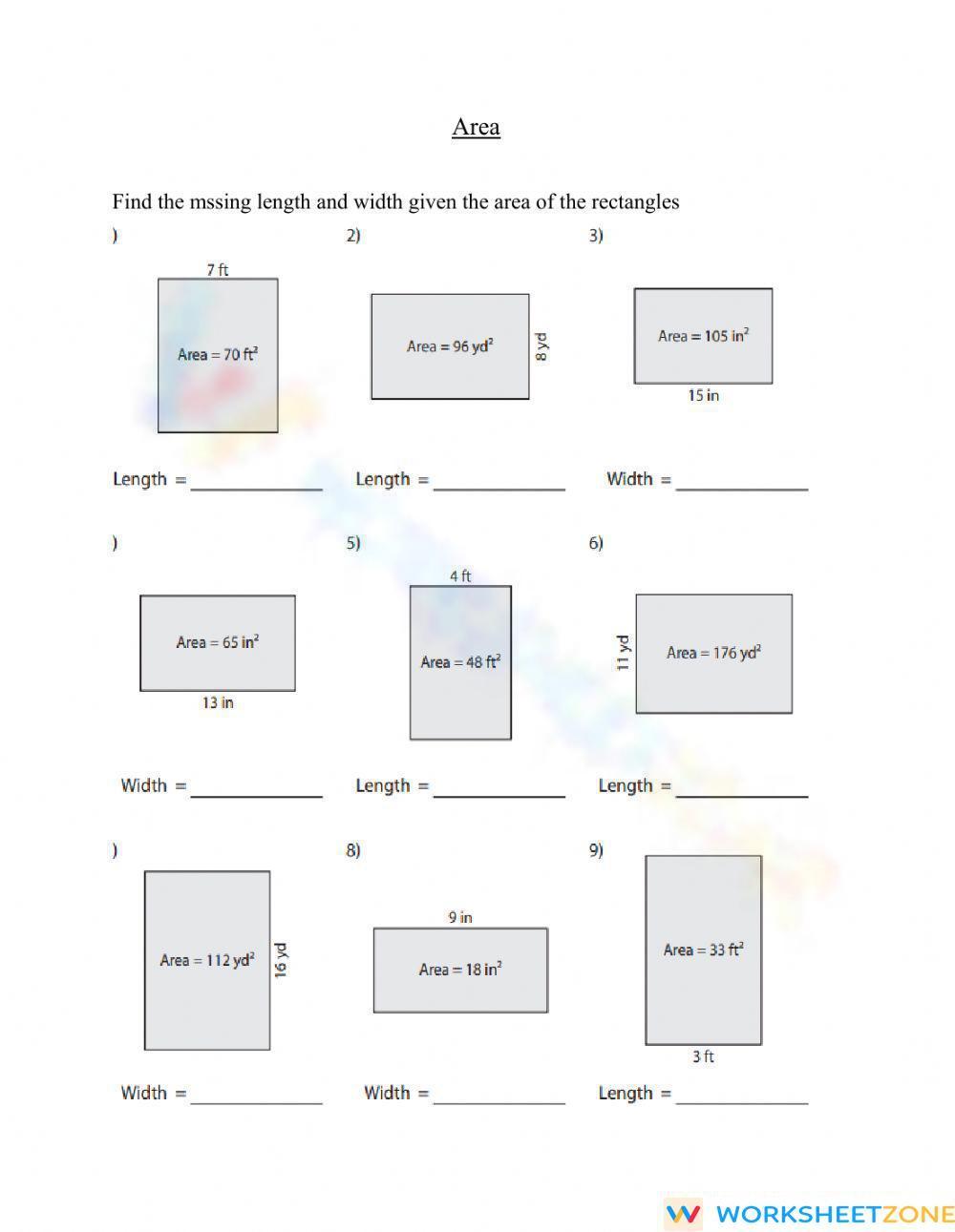 Area - Missing Length And Width Worksheet