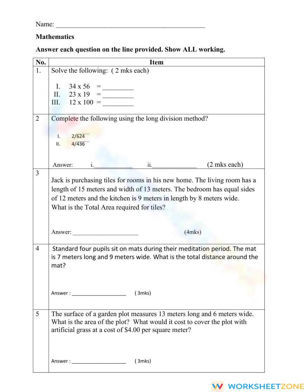 Area Worksheet