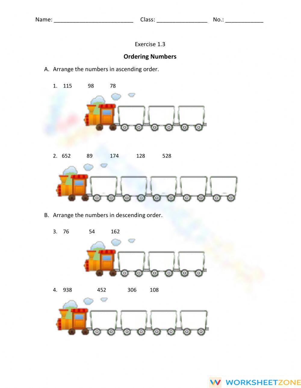 Ordering Numbers Worksheet