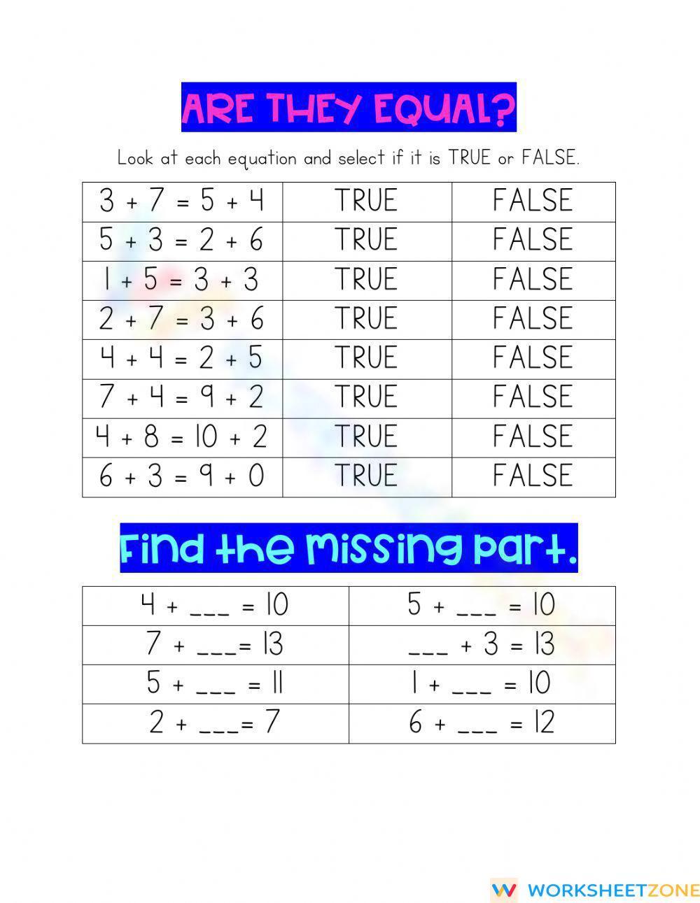 Balancing Equations And Missing Addends Worksheet