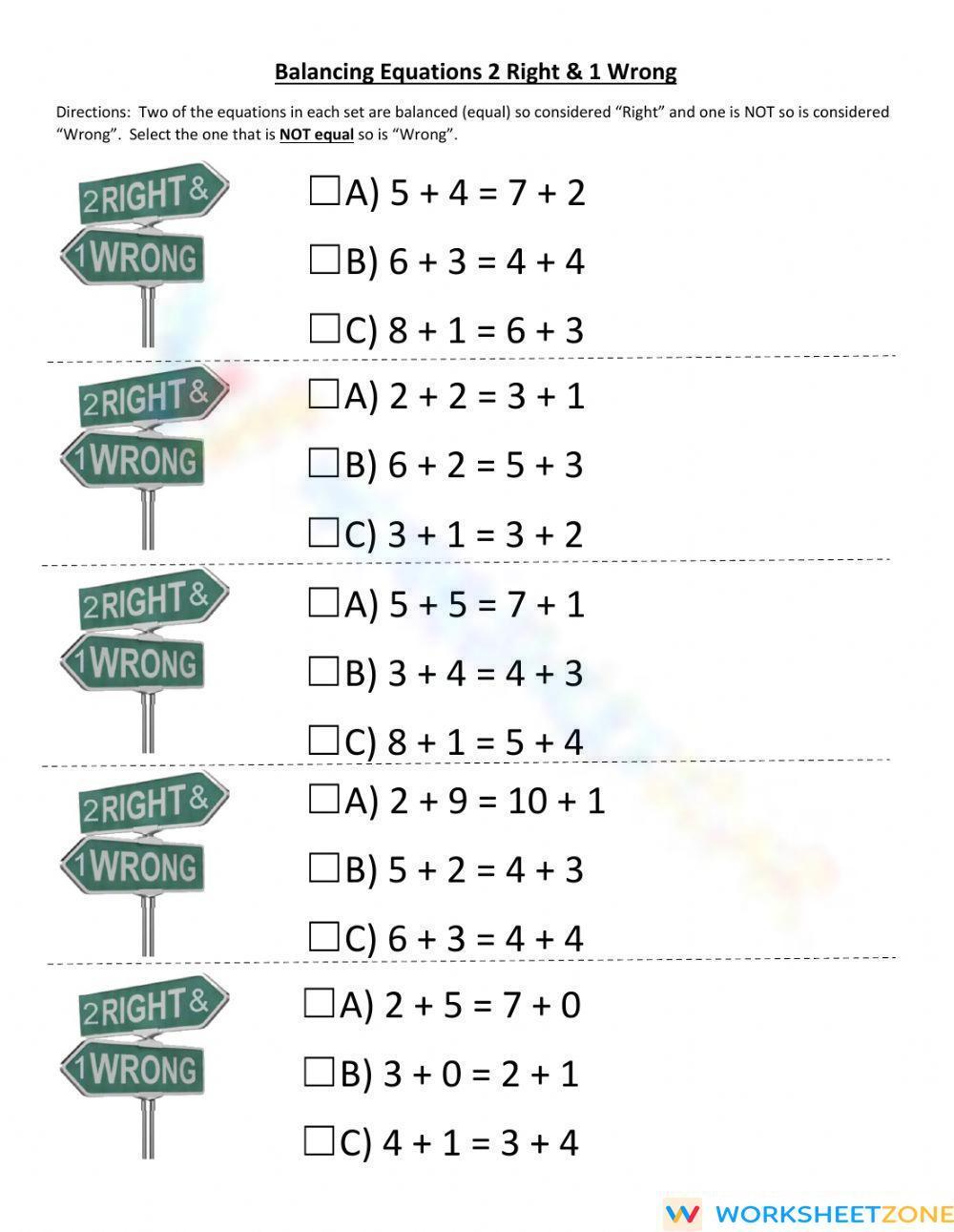 Balancing Equations 2 Right 1 Wrong Worksheet