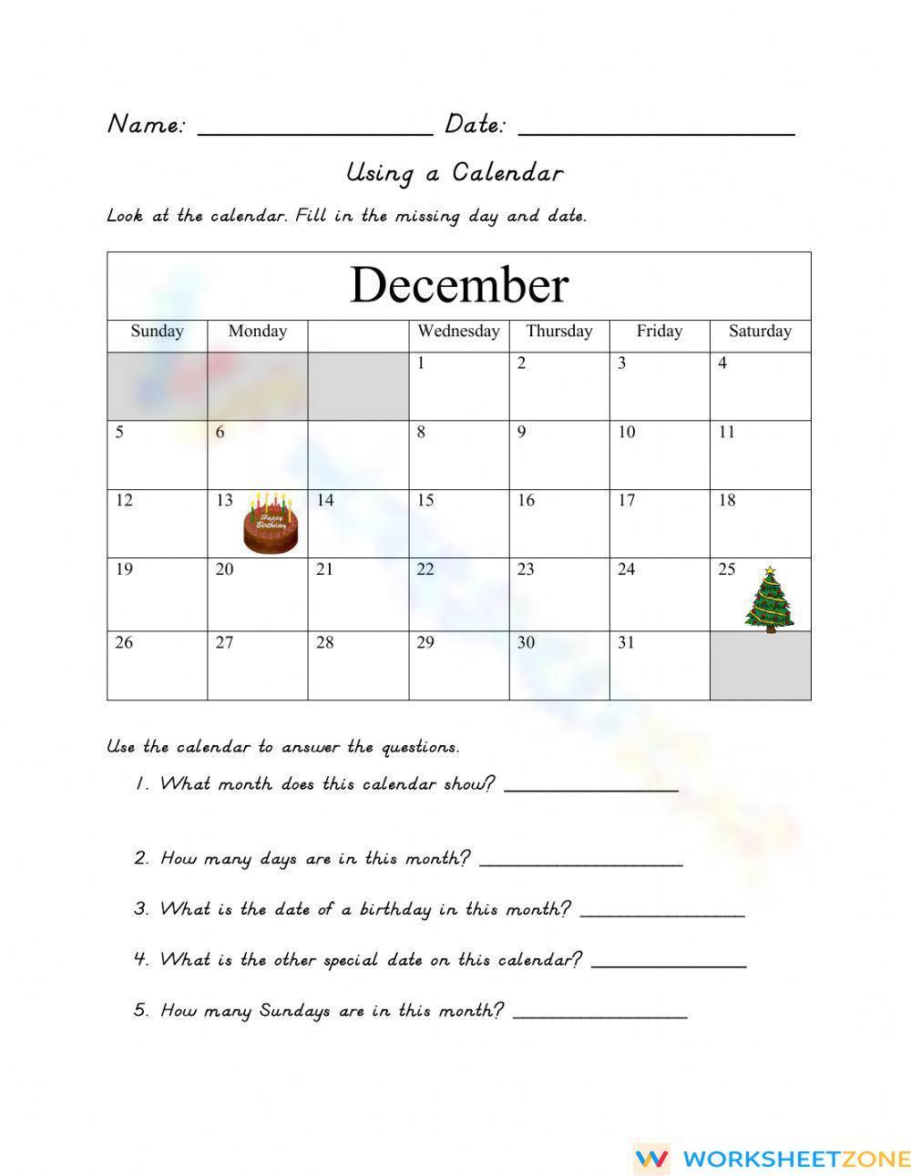 Using A Calendar 1 Worksheet