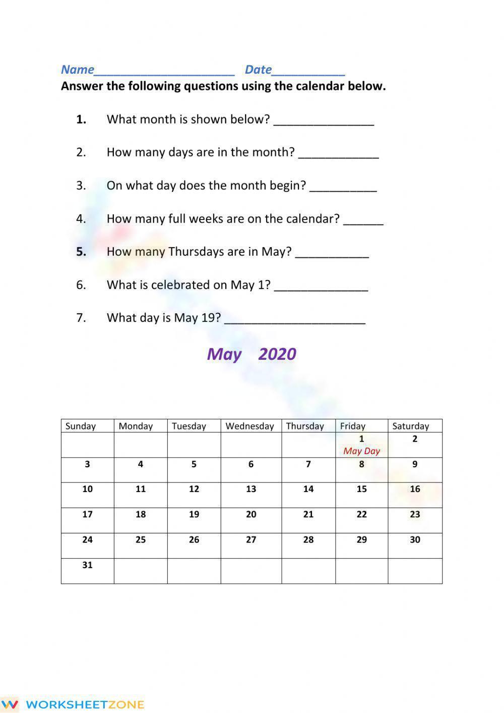 Calendar Worksheet