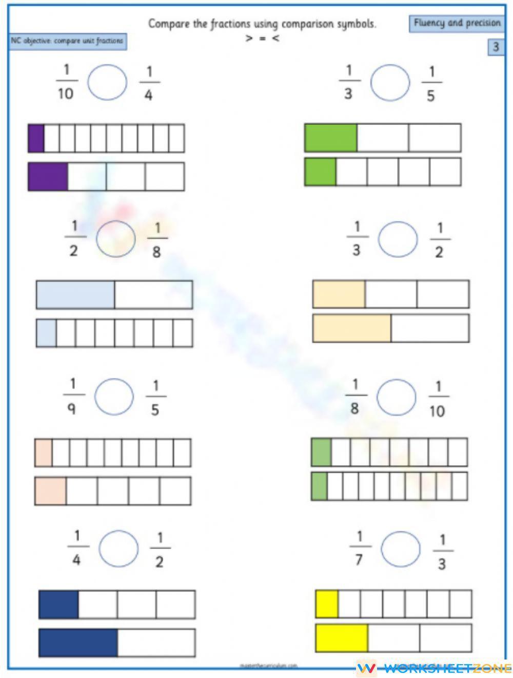 Comparing UNIT Fractions Worksheet Comparing UNIT Fractions Worksheet