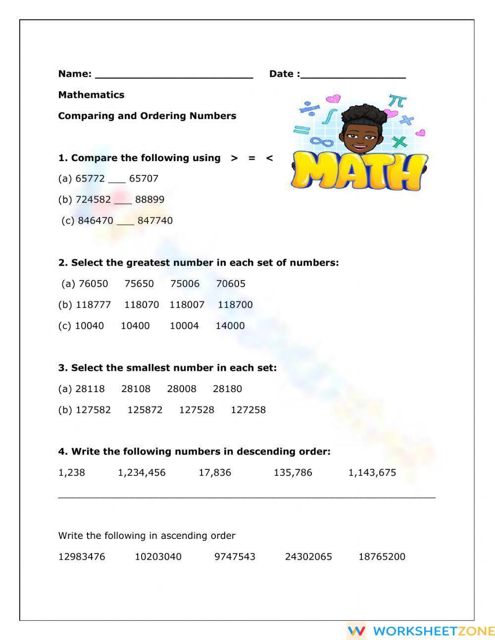 Comparing And Ordering Numbers Worksheet