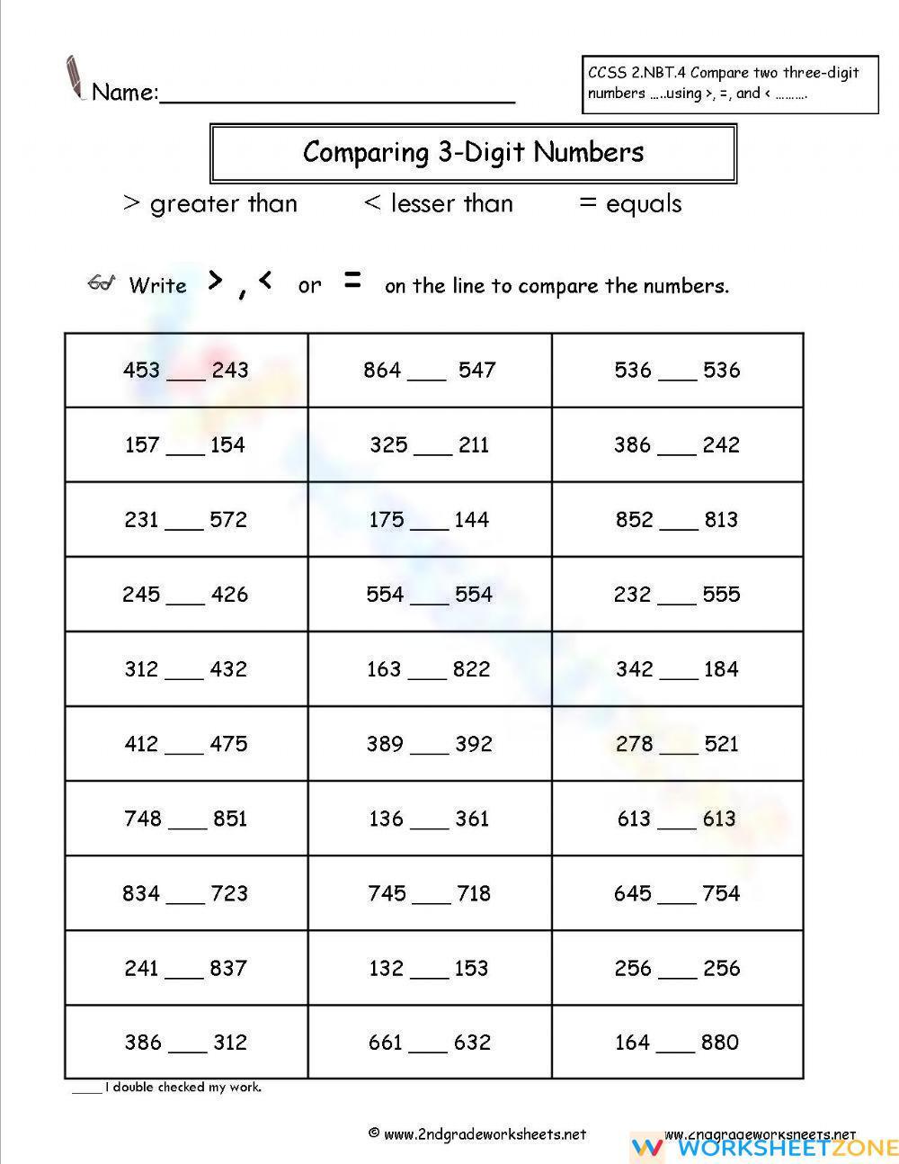 Comparing Whole Numbers Within 1 000 Worksheet