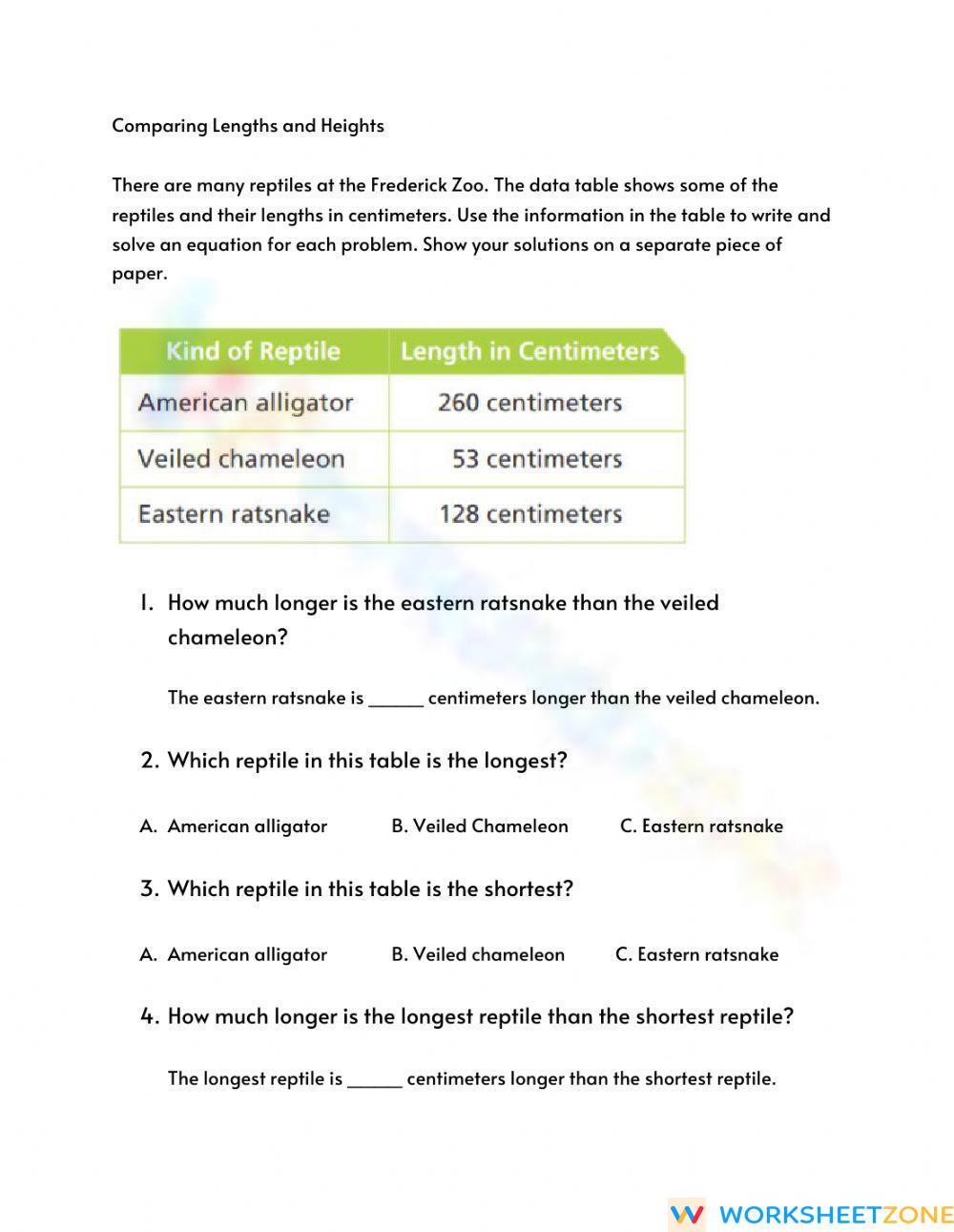 Comparing Lengths And Heights Worksheet