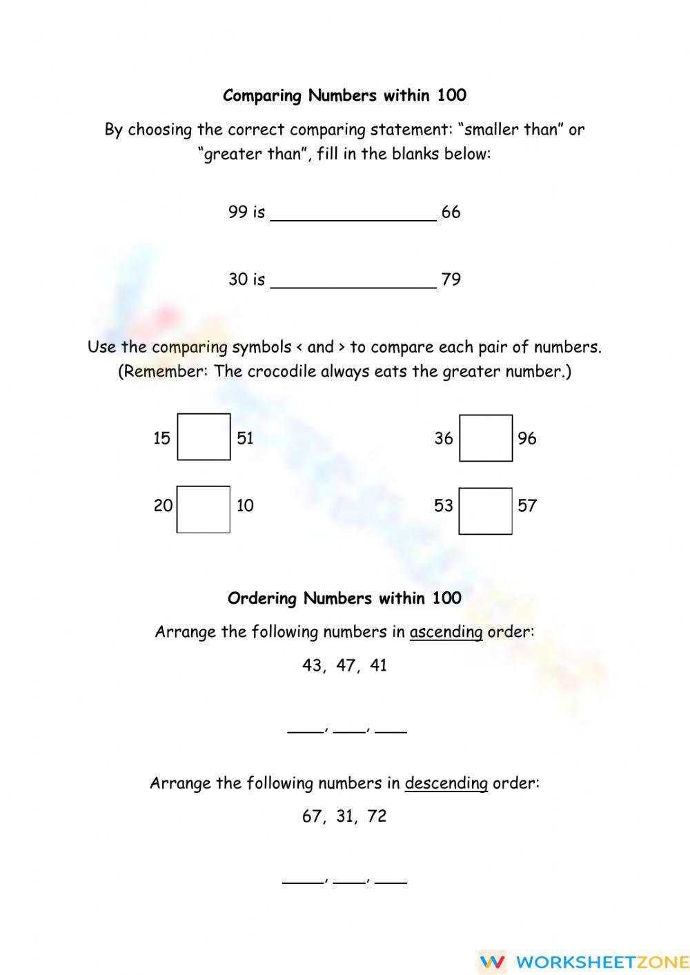 Comparing And Ordering Numbers Within 100 Worksheet Comparing And Ordering Numbers Within 100 Worksheet