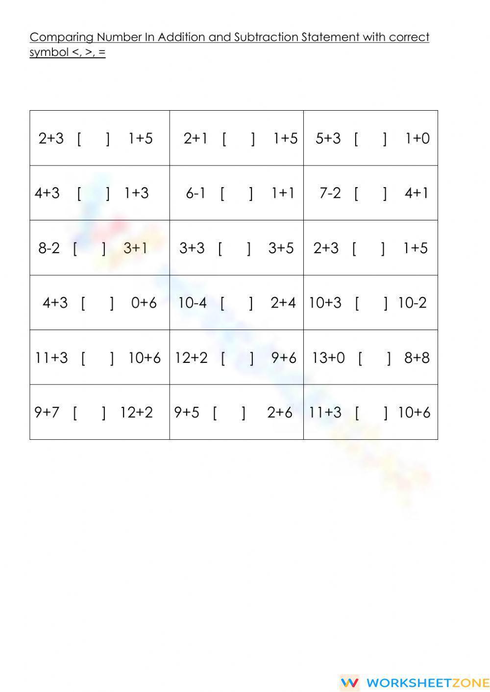 Comparing Number In Addition And Subtraction Statement With Correct Symbol Worksheet