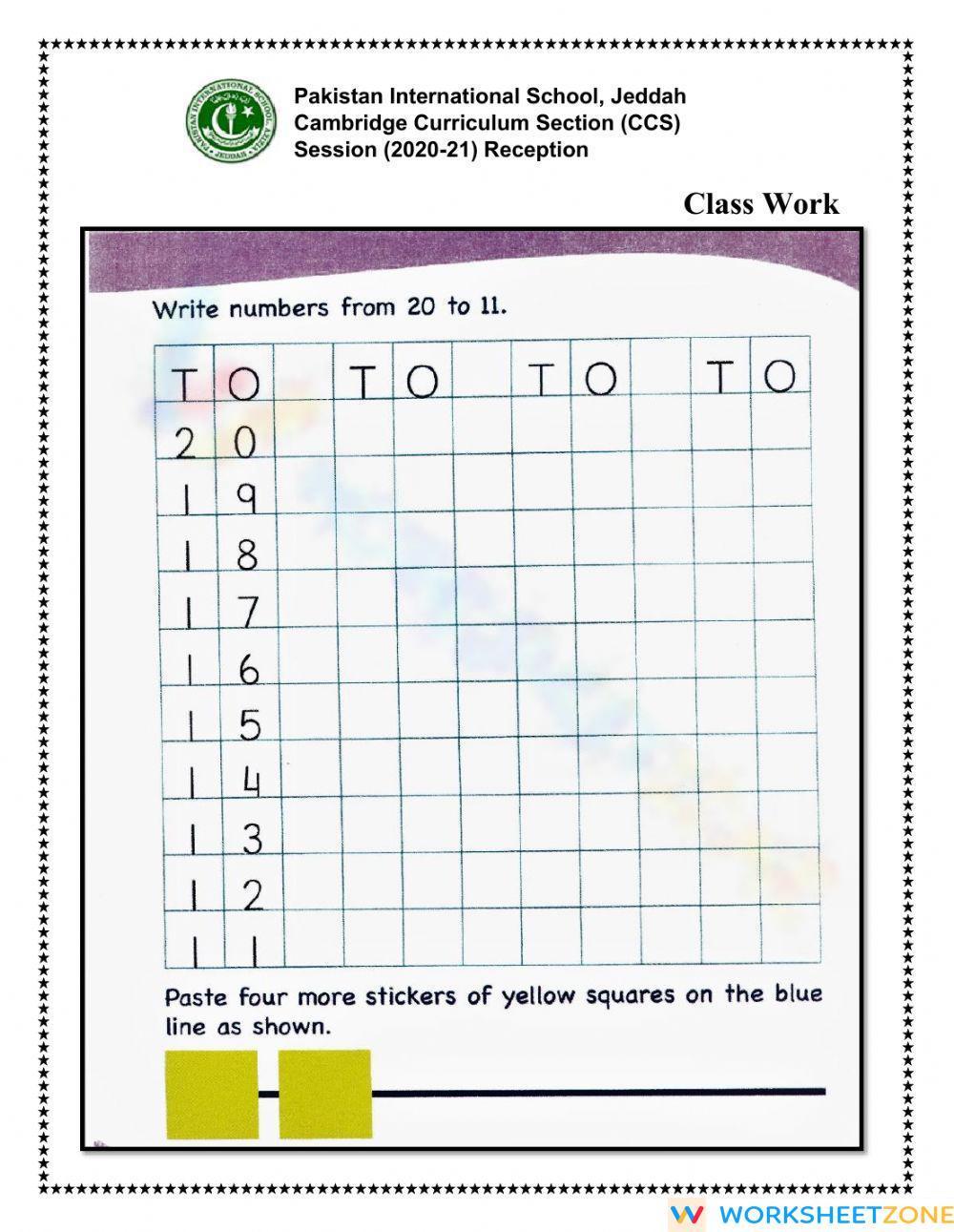 Backward Counting-20--11 Worksheet Backward Counting-20--11 Worksheet