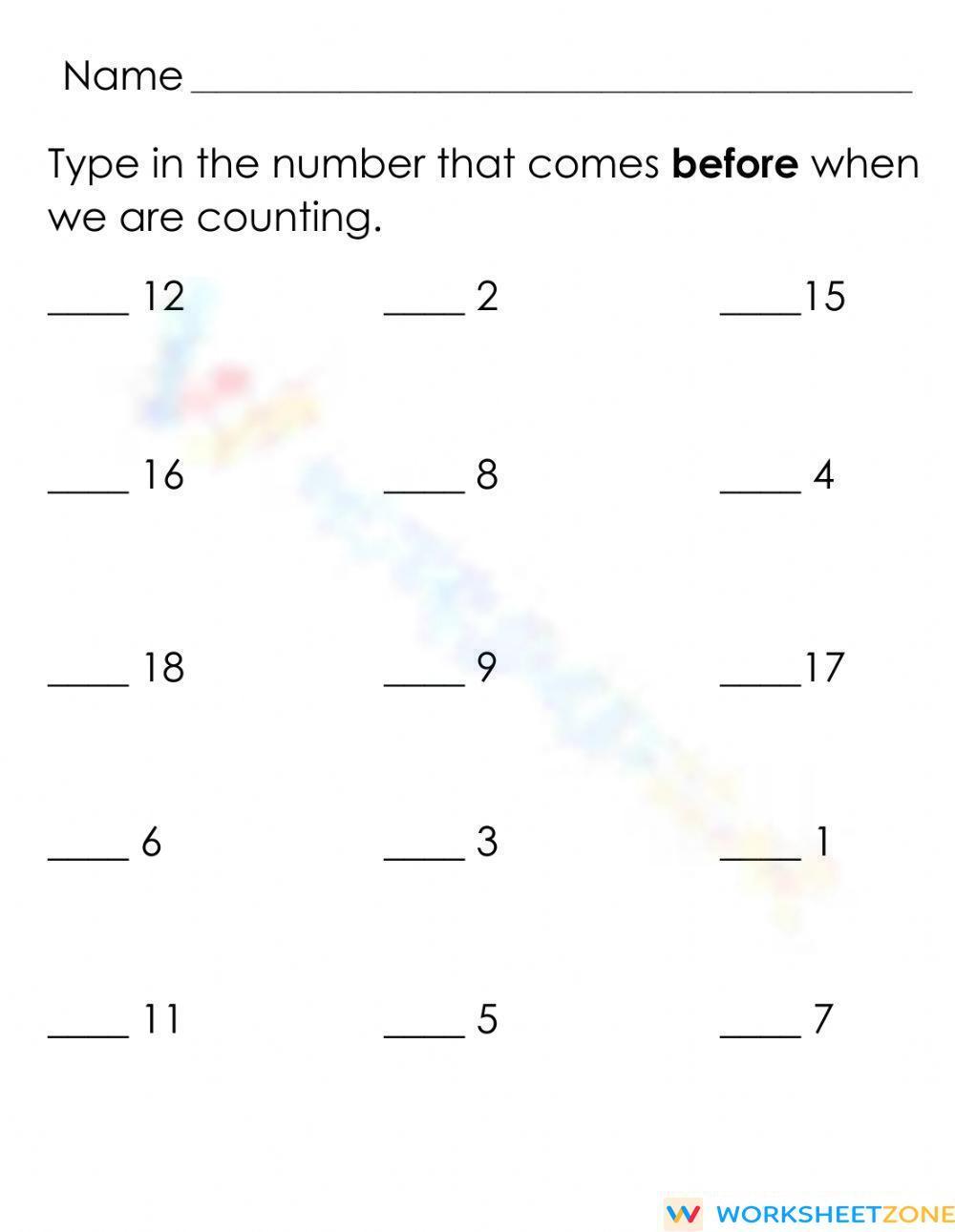 Number Before Worksheet