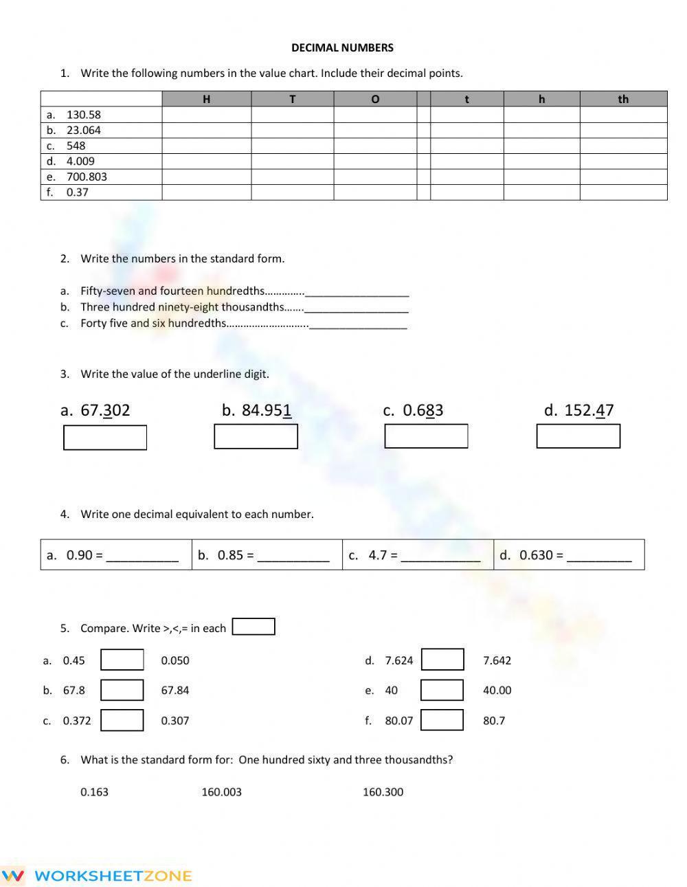 Decimal Numbers Practice Worksheet Decimal Numbers Practice Worksheet
