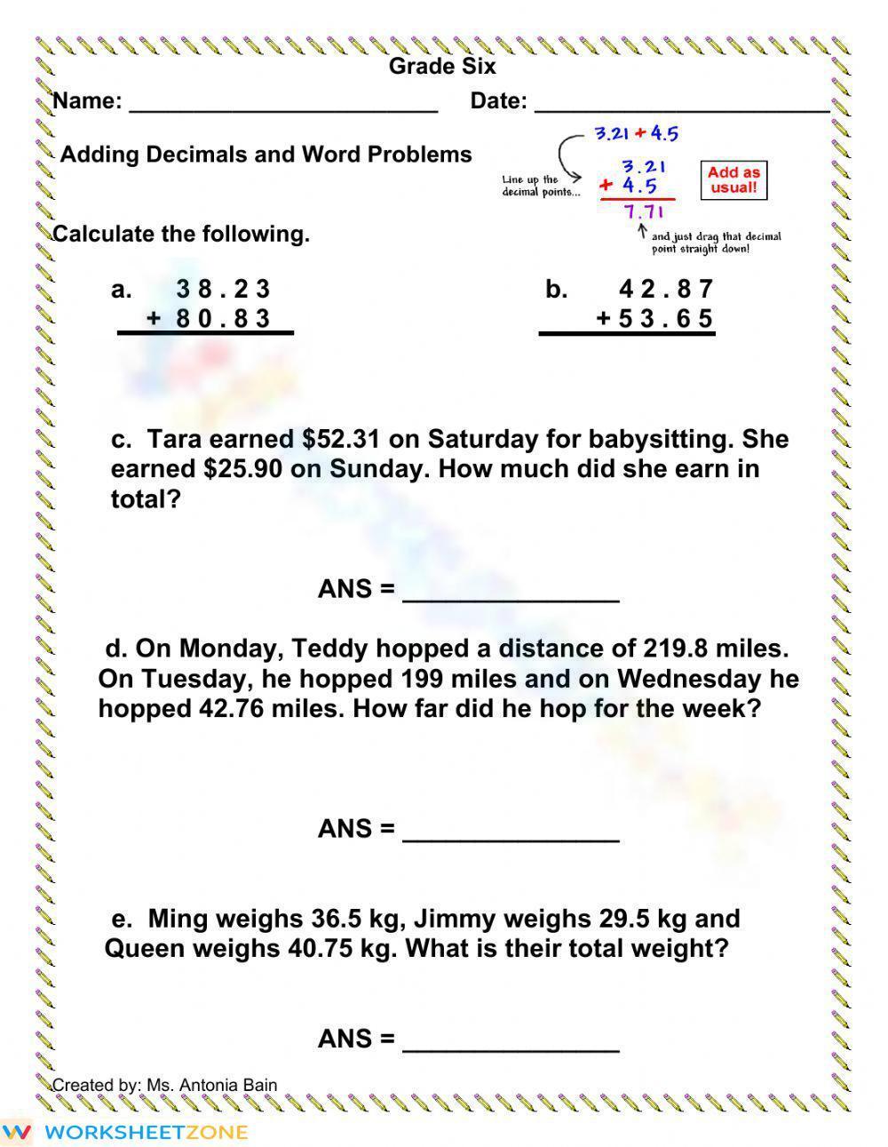 Adding Decimals With Word Problems Worksheet