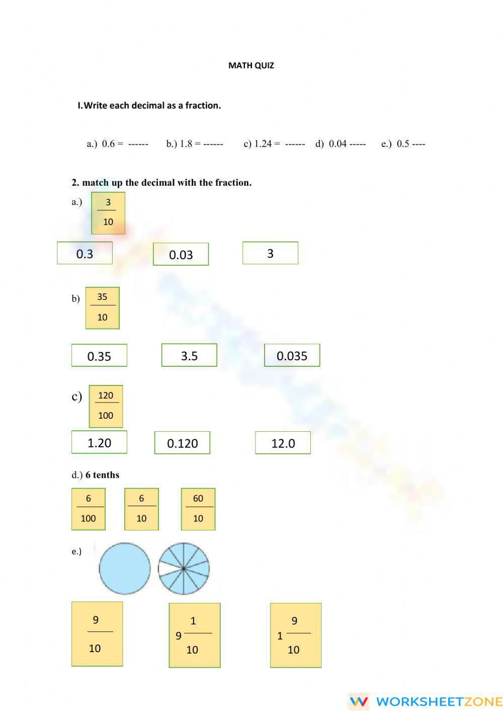 Decimals Worksheet