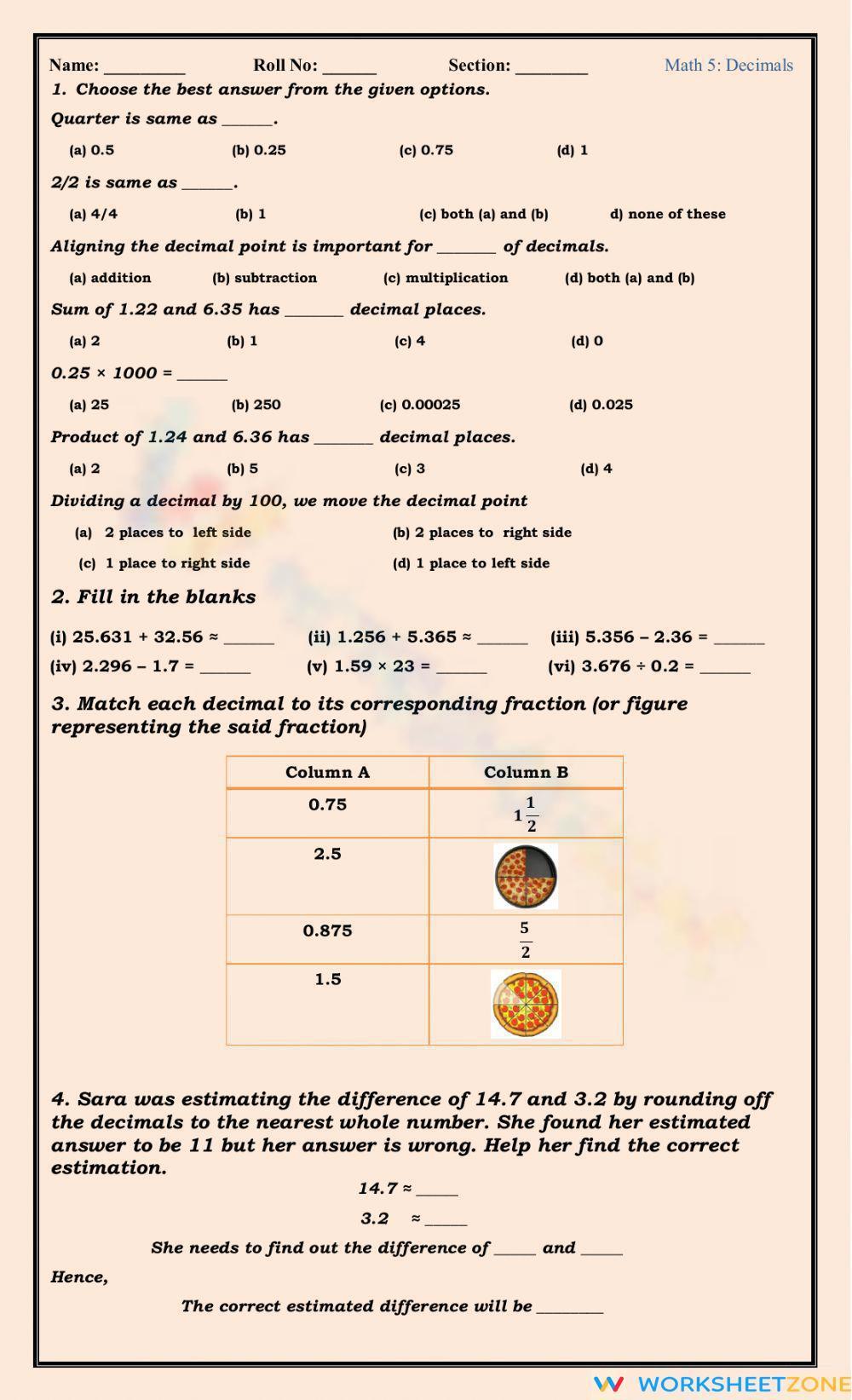 Decimals Worksheet
