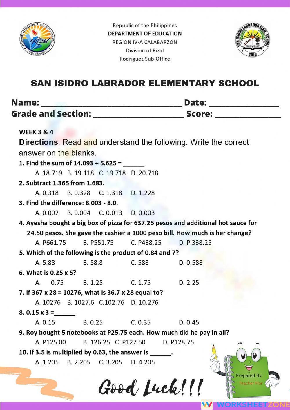 2nd Quarter Summative Test In Math 5 Worksheet