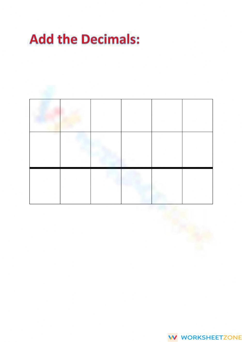 Decimal Addition Worksheet