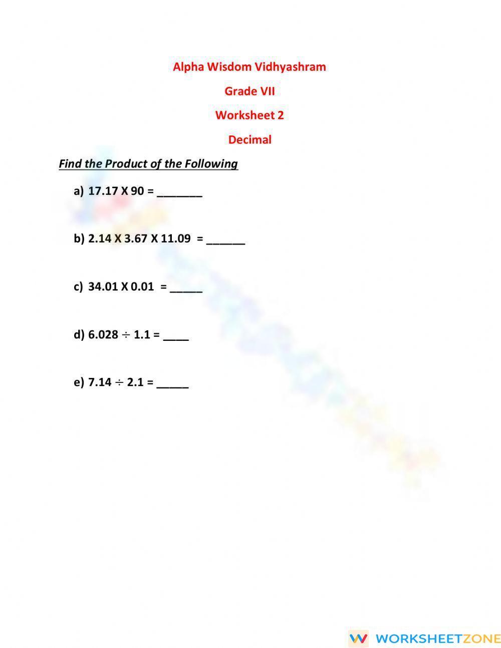Decimal Worksheet
