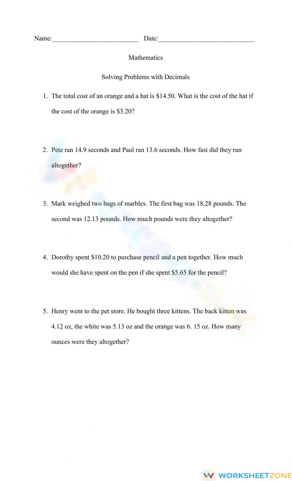 Decimal Problem Solving Worksheet