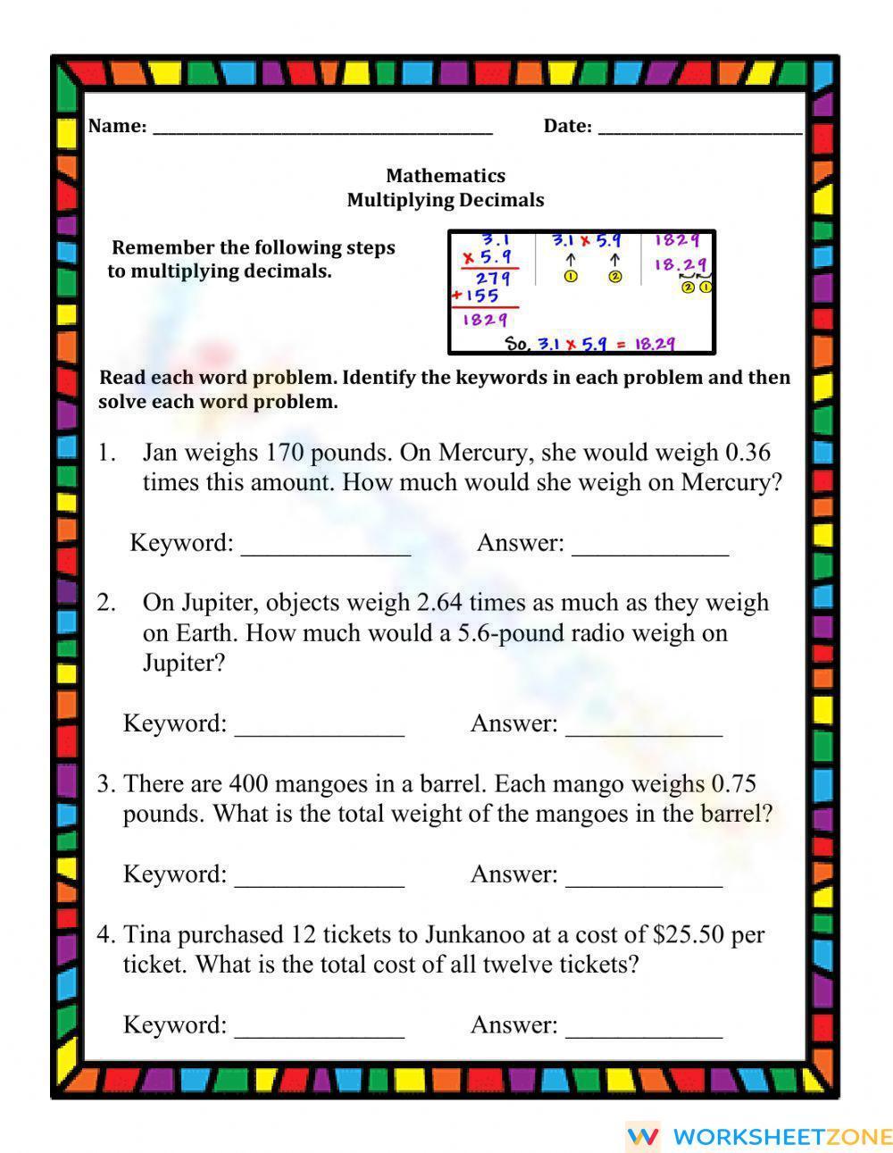 Multiplying Decimals Word Problems Worksheet